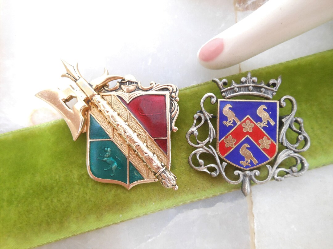Vintage LOT 2 Heraldic Shield Pin Enamel Brooch Griffin Lion Ship Crown ...