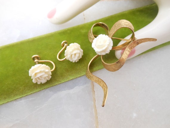 Vintage WINARD Rose Brooch Earrings Set Gold Fill Pin… - Gem