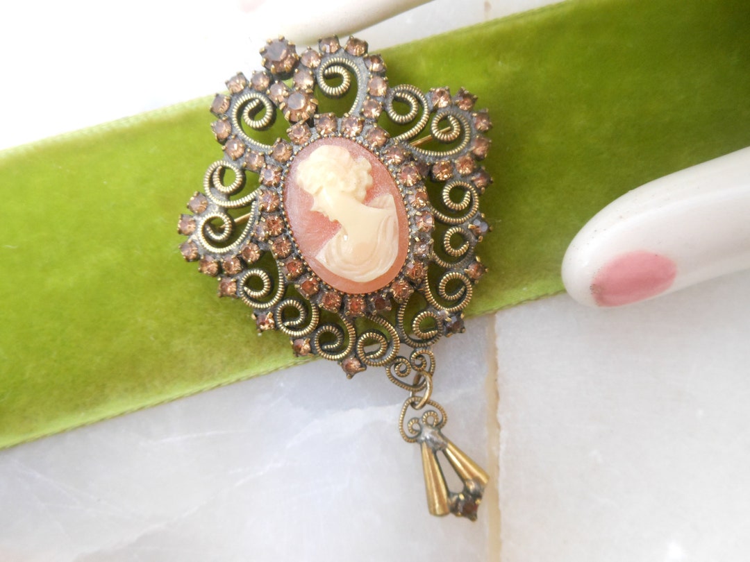 Vintage Cameo Ornate Brooch Rhinestone Victorian Regency Revival Dangle ...