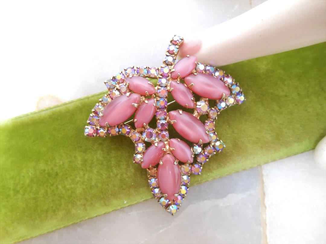 Vintage Regency Revival Brooch Pink Pin Rhinestone Leaf Aurora Borealis ...