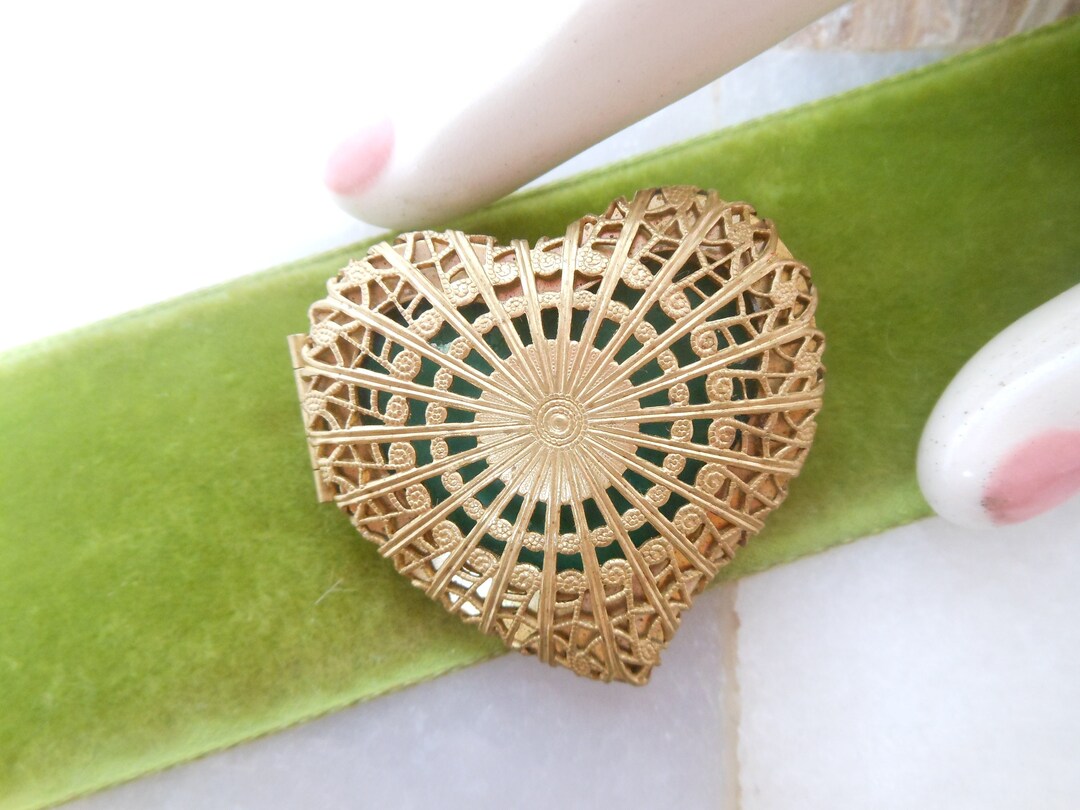 Vintage Perfume Brooch Heart Filigree Pomander Pin Locket Mid Century ...
