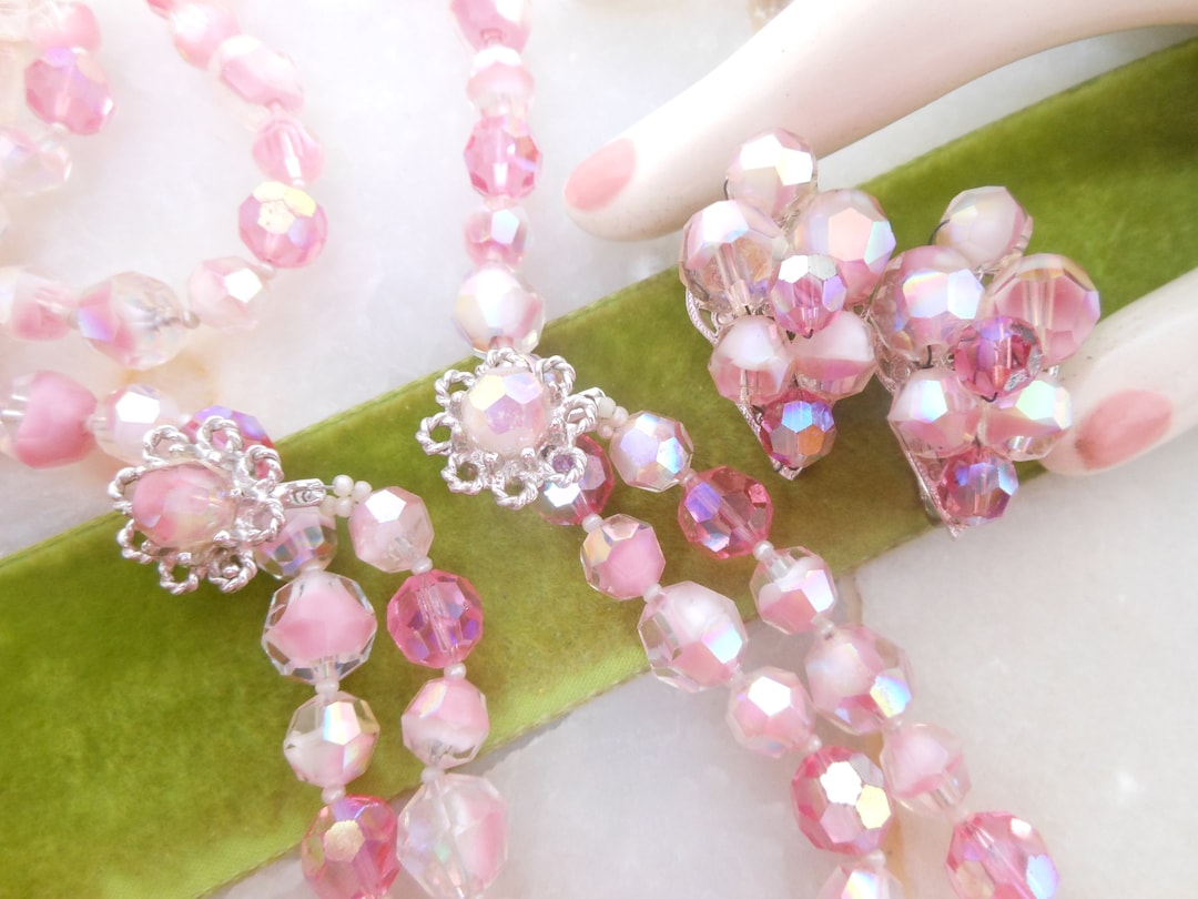 Vintage JUDITH MCCANN Pink Necklace Earrings Set Bead Crystal Art Glass ...