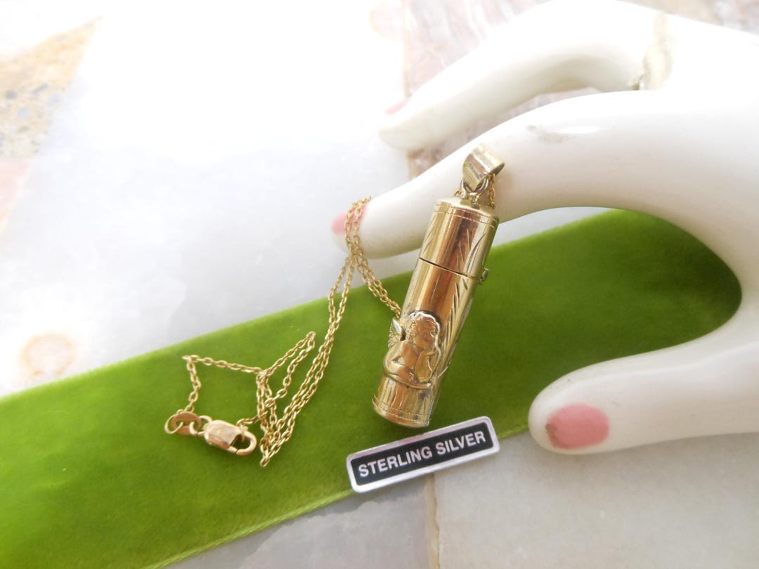 Vintage STERLING SILVER Locket Pendant Angel Pill Box Necklace 925 Gold ...