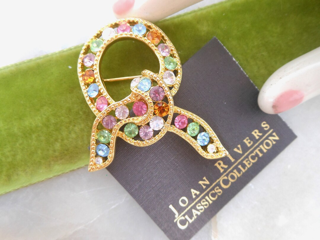 Vintage JOAN RIVERS Bow Brooch Designer Pin Pastel Multi Color Ribbon ...