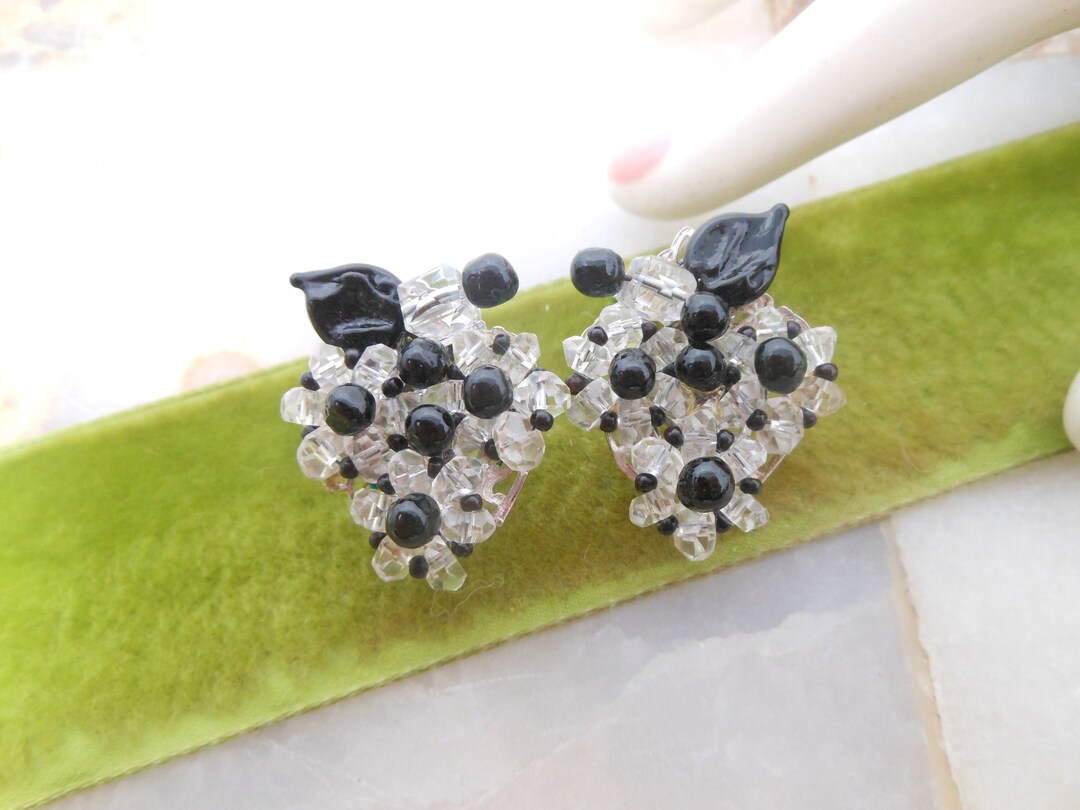 Vintage JUDITH MCCANN Wing Back Earrings Bead Cluster Crystal Jet Black ...