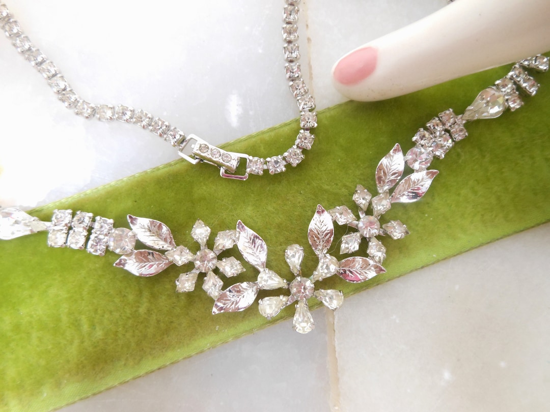 Vintage Sterling Silver LEO GLASS Rhinestone Flower Necklace Crystal ...