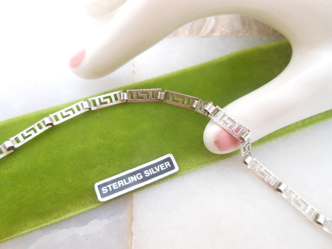Vintage STERLING SILVER Bracelet Greek Key Link Skinny Chain 925 Mid ...