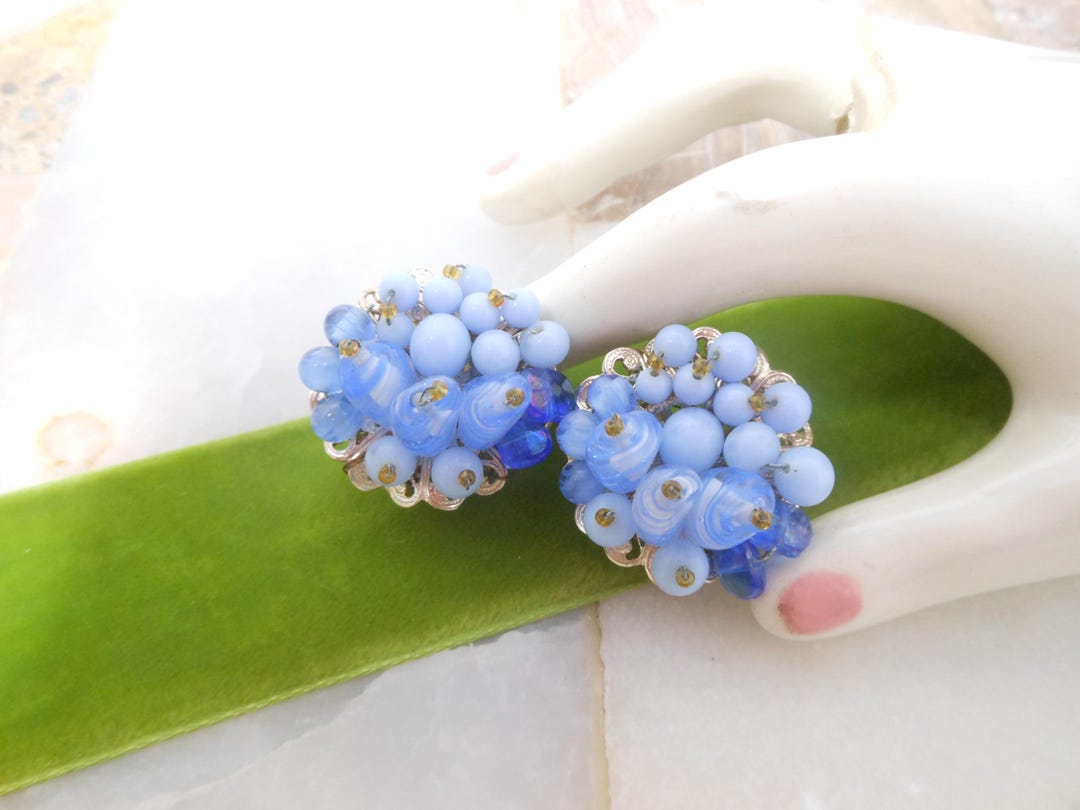Vintage Blue Cluster Earrings Clip on Art Swirl Milk Glass Renaissance ...