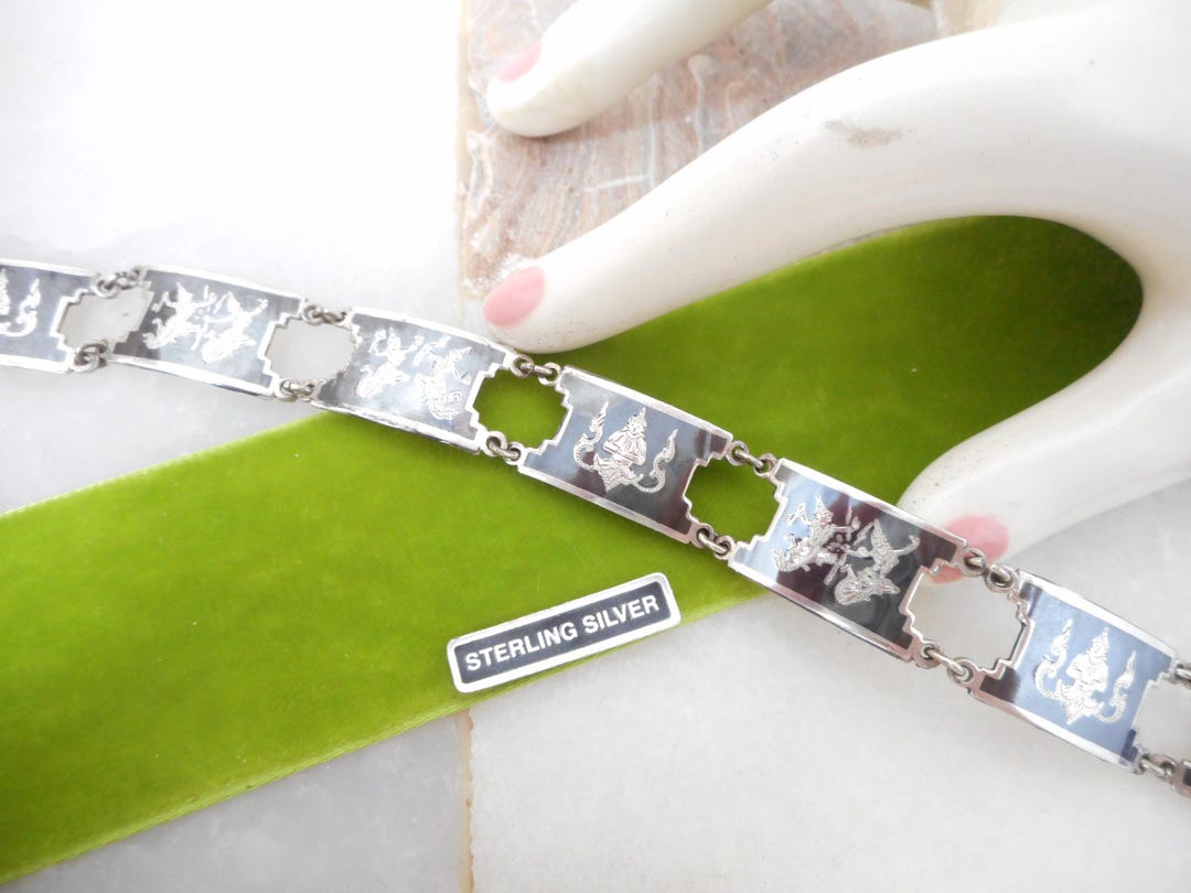 Vintage STERLING SILVER Siam Bracelet Niello Thai Lady Dancer Black ...