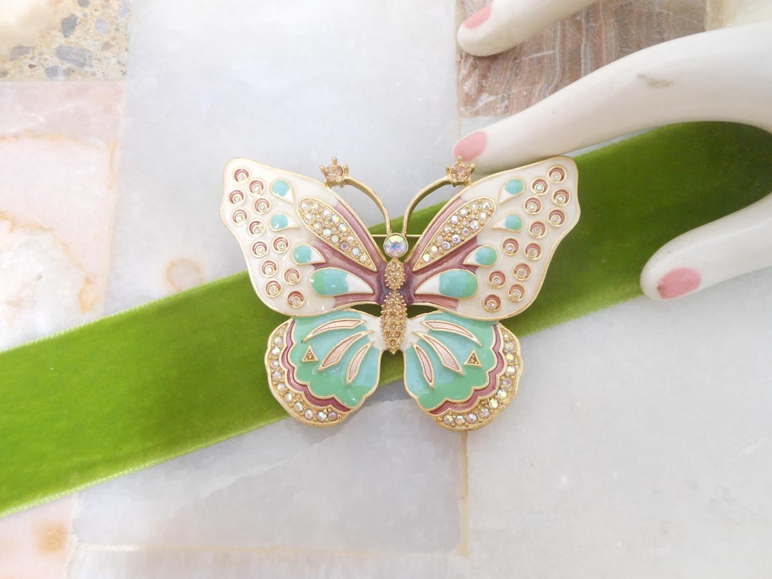Vintage KJL Butterfly Brooch Bug Insect Pin Enamel Rhinestone Crystal ...