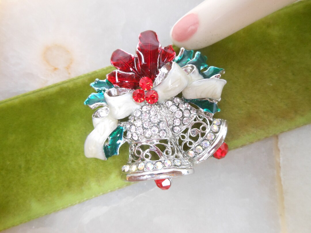 Vintage Festive Christmas Bell Brooch Crystal Rhinestone Red Enamel Bow ...