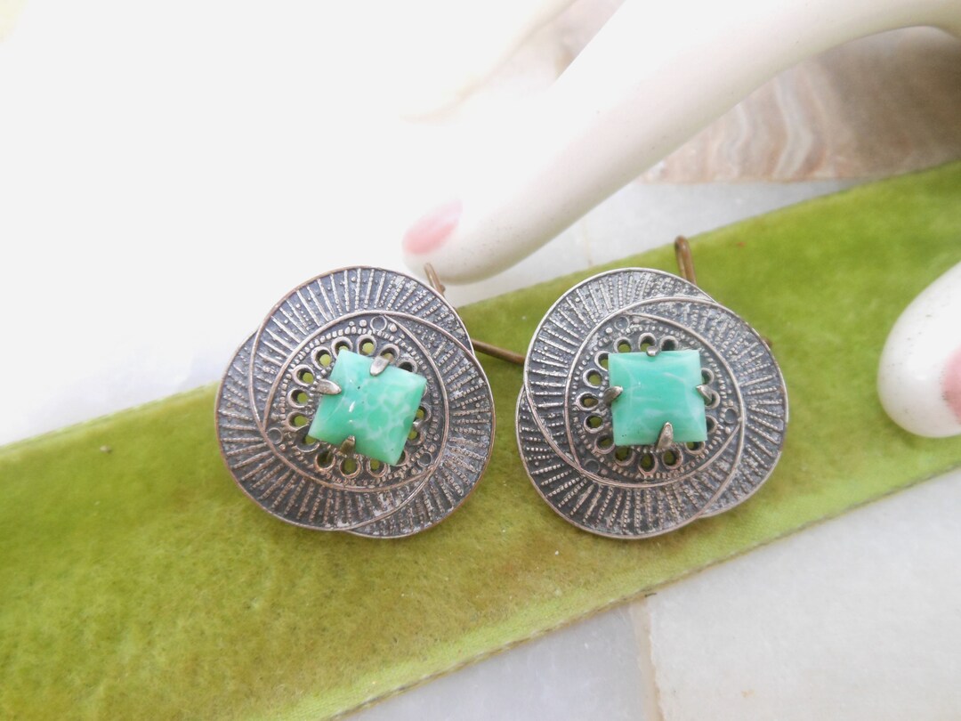 Vintage JUDITH MCCANN Wing Back Earrings Art Deco Green Peking Glass ...