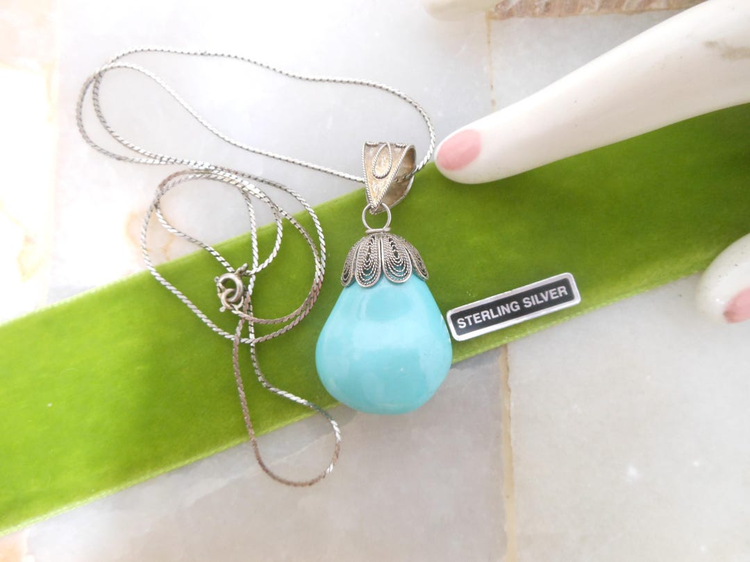 Vintage STERLING SILVER Turquoise Blue Pendant Spun Filigree Chunky ...