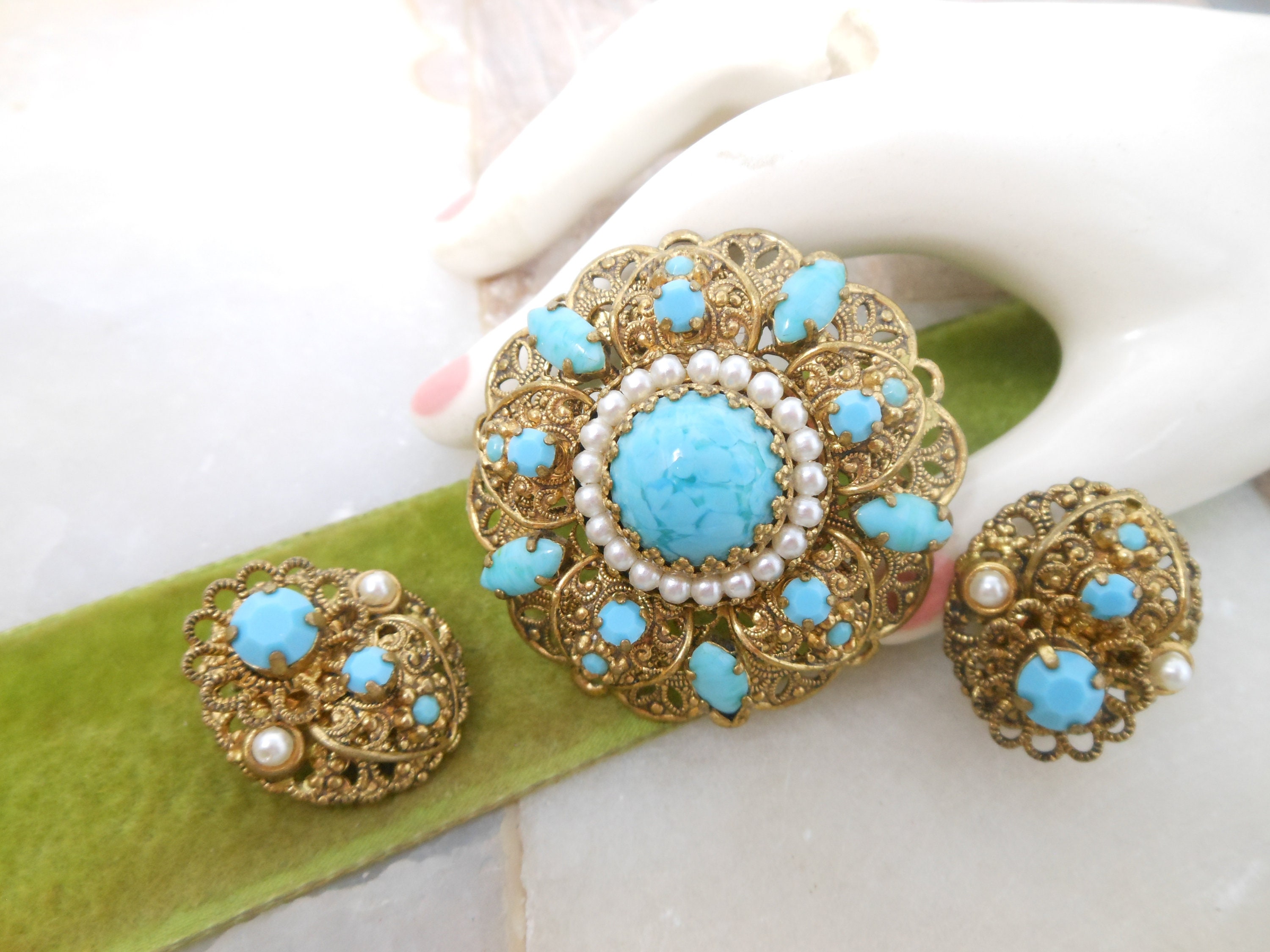 Vintage WEST GERMANY Brooch Earrings Set Blue Peking Art Glass ...
