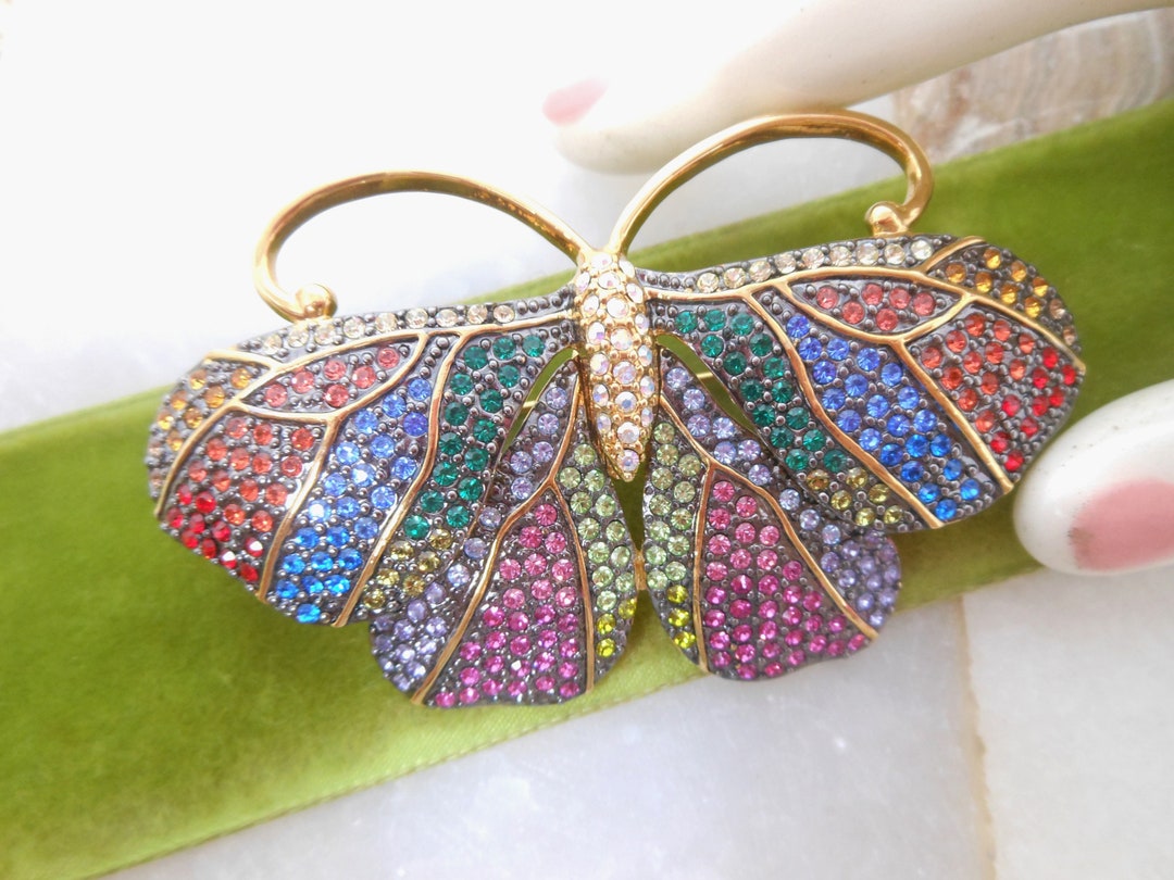 Vintage JOAN RIVERS Brooch Butterfly Pin Morpho Moth Crystal Encrusted ...