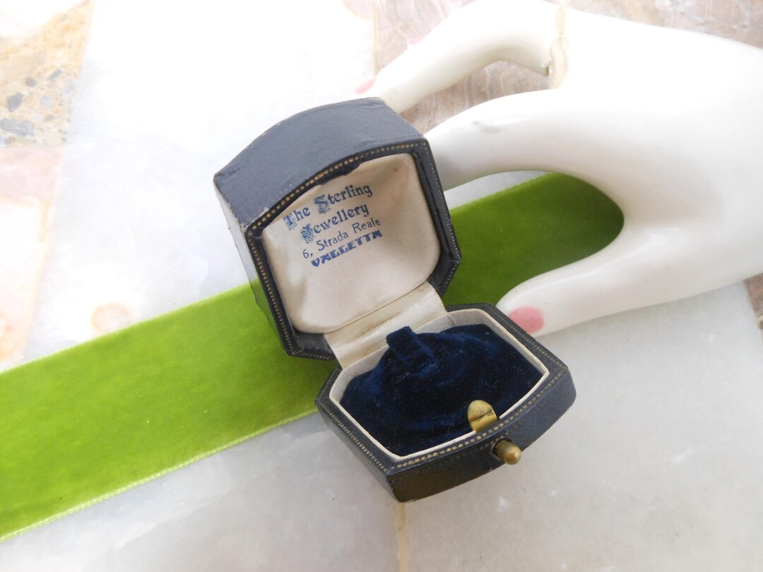Vintage Victorian Ring Box Push Button Faux Leather Dark Blue Velvet ...