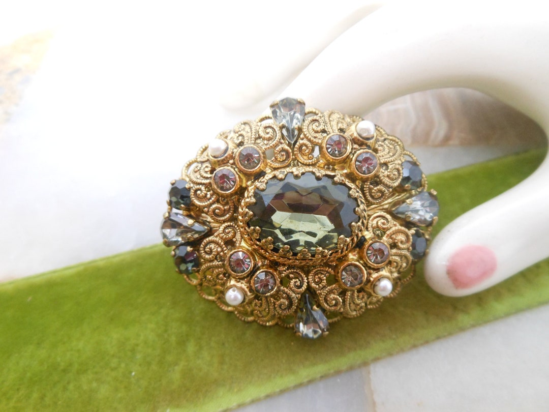 Vintage WEST GERMANY Brooch Gray Green Glass Regency Revival Faux Pearl ...
