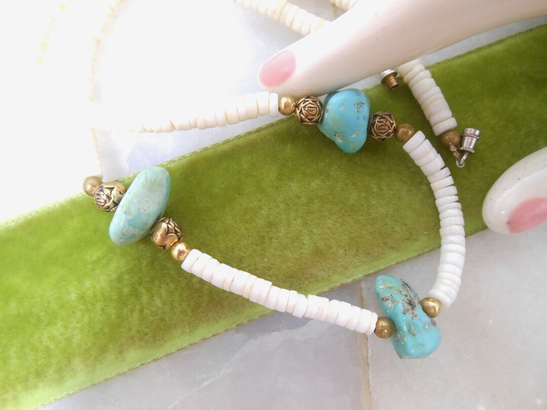Vintage Turquoise Stone Bead Necklace Puka Shell Collar Choker Boho ...