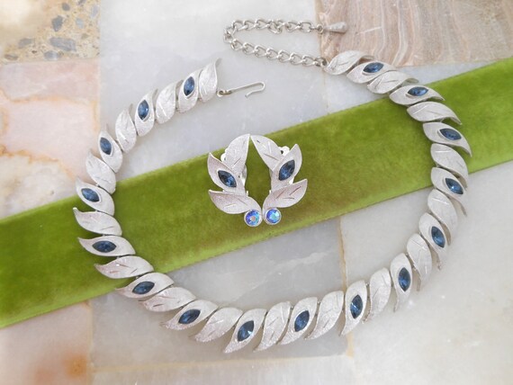 Vintage KRAMER Necklace Earrings Set Blue Crystal Rhi… - Gem