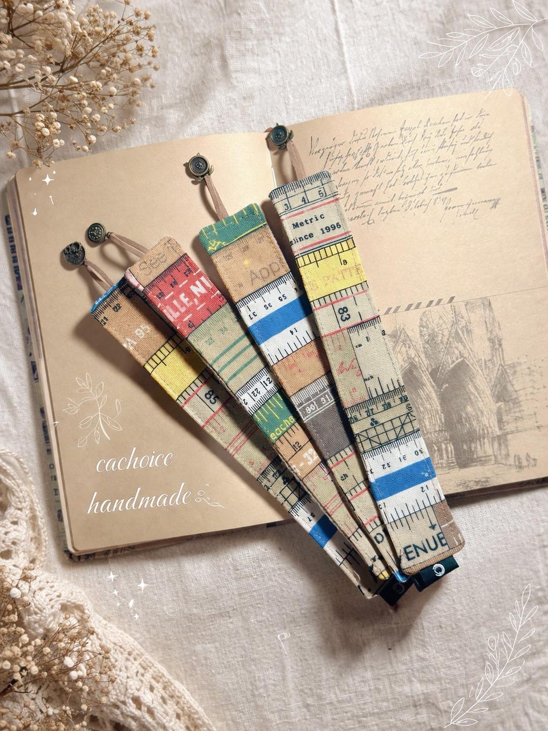 Vintage Ruler Fabric Bookmark, Antique Clock Charm, Linen Suede Strap ...