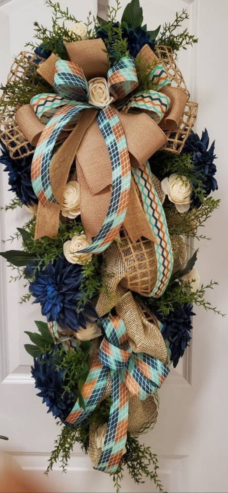 Fall Wreath. Fall Swag. Navy Blue and Turquoise Decor. - Etsy