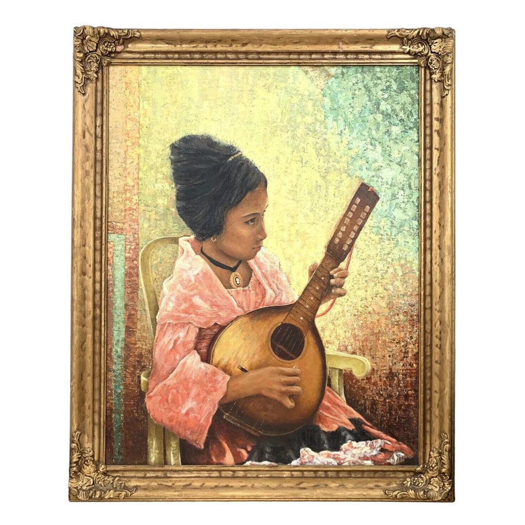 Painting Large Spanish Senorita Mandolin Playing Music Vintage Texture ...
