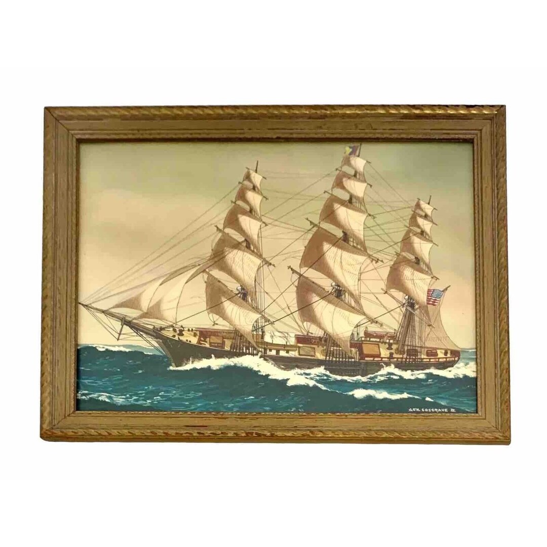 Ship Print Clipper in Wild Sea Signed Framed Vintage Nautical Office ...