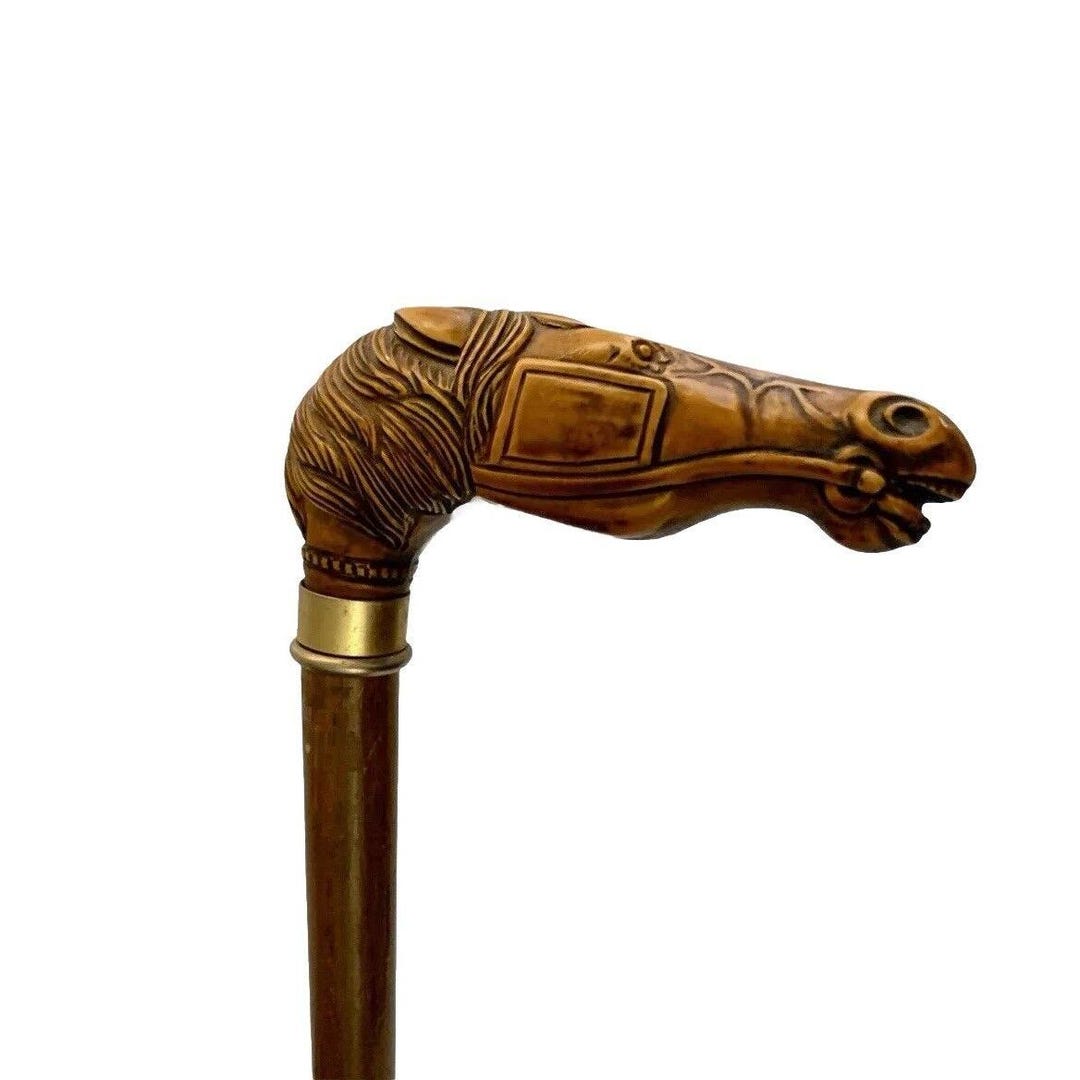 Walking Cane Horse Head Resin Handle on Wooden Stick Equestrian Vintage ...