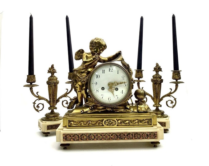 Clock French Antique Cherub Gilded Brass on Marble Candelabra Exquisite ...