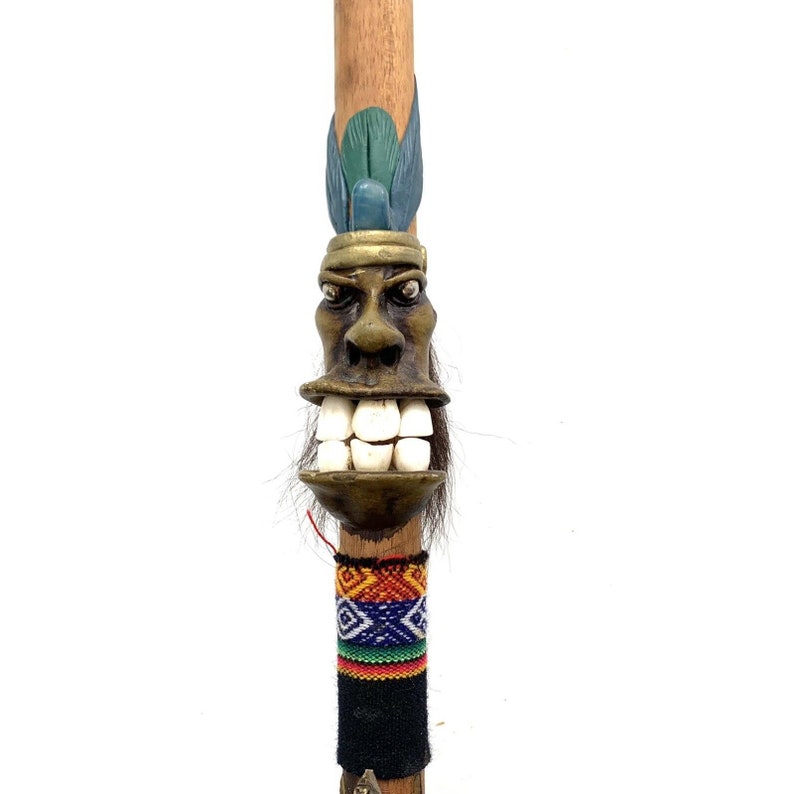 Cane Walking Stick Carved Tiki Detailed Horn Handle Vintage Tribal ...