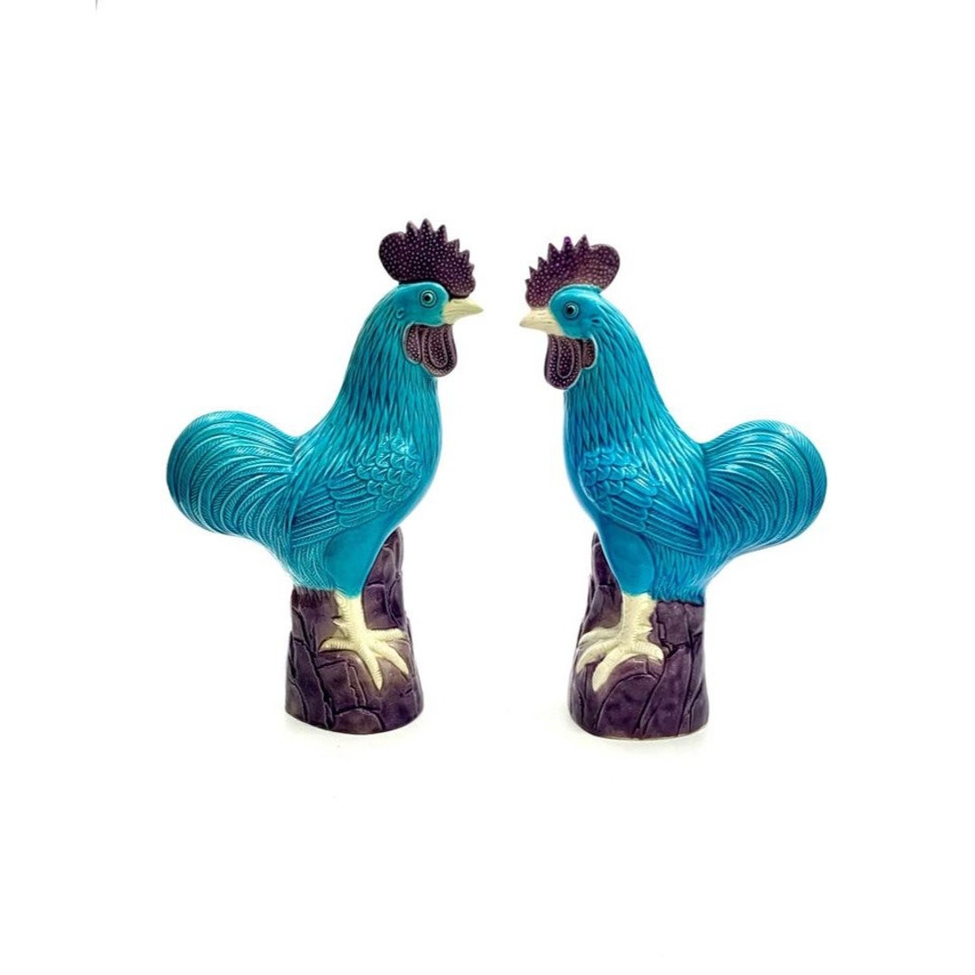 Rooster Rare Oriental Porcelain Pair Chicken Statues Vintage Decor ...
