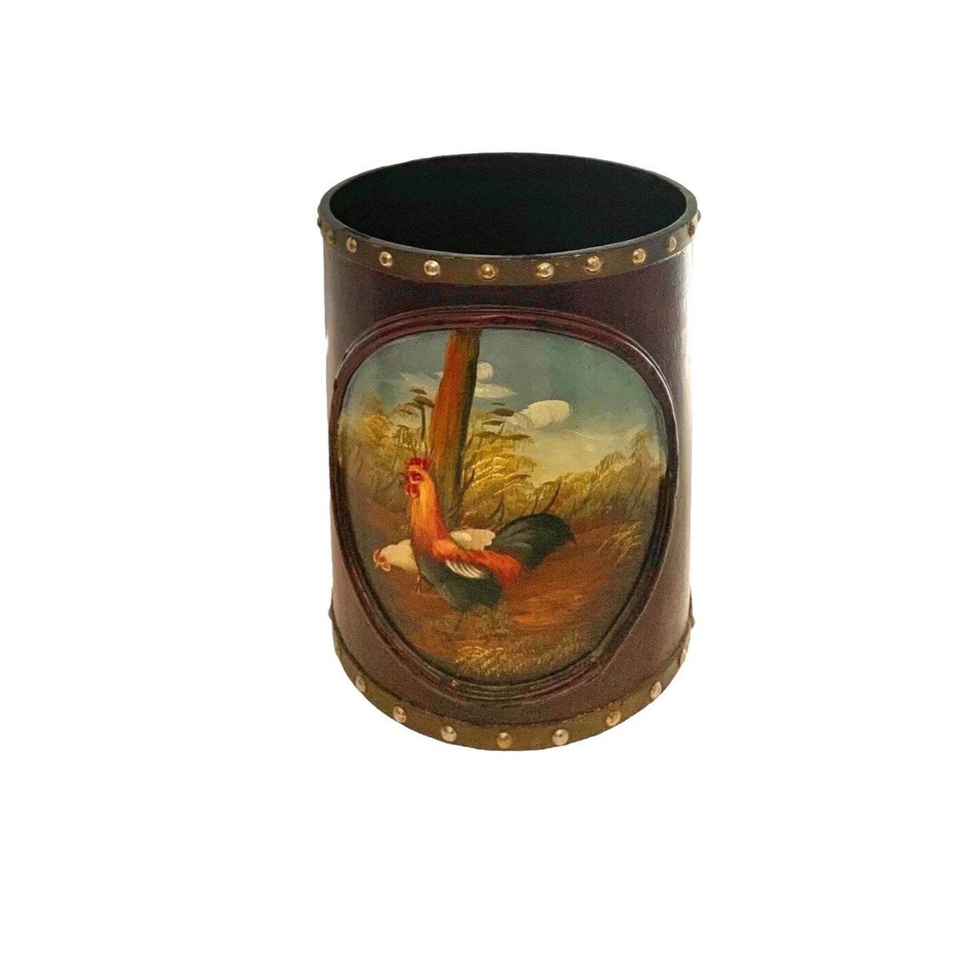 Waste Bin Rooster Chicken Painting on Vintage Trash Can With Leather ...