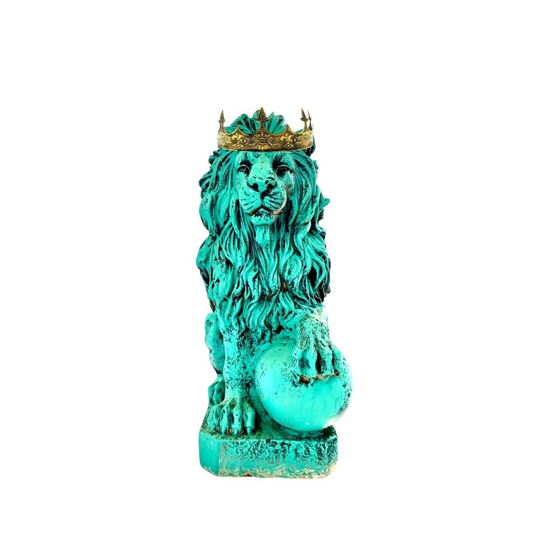 Statue Large Plaster Vintage Turquoise Lion With Metal Crown Home Decor ...