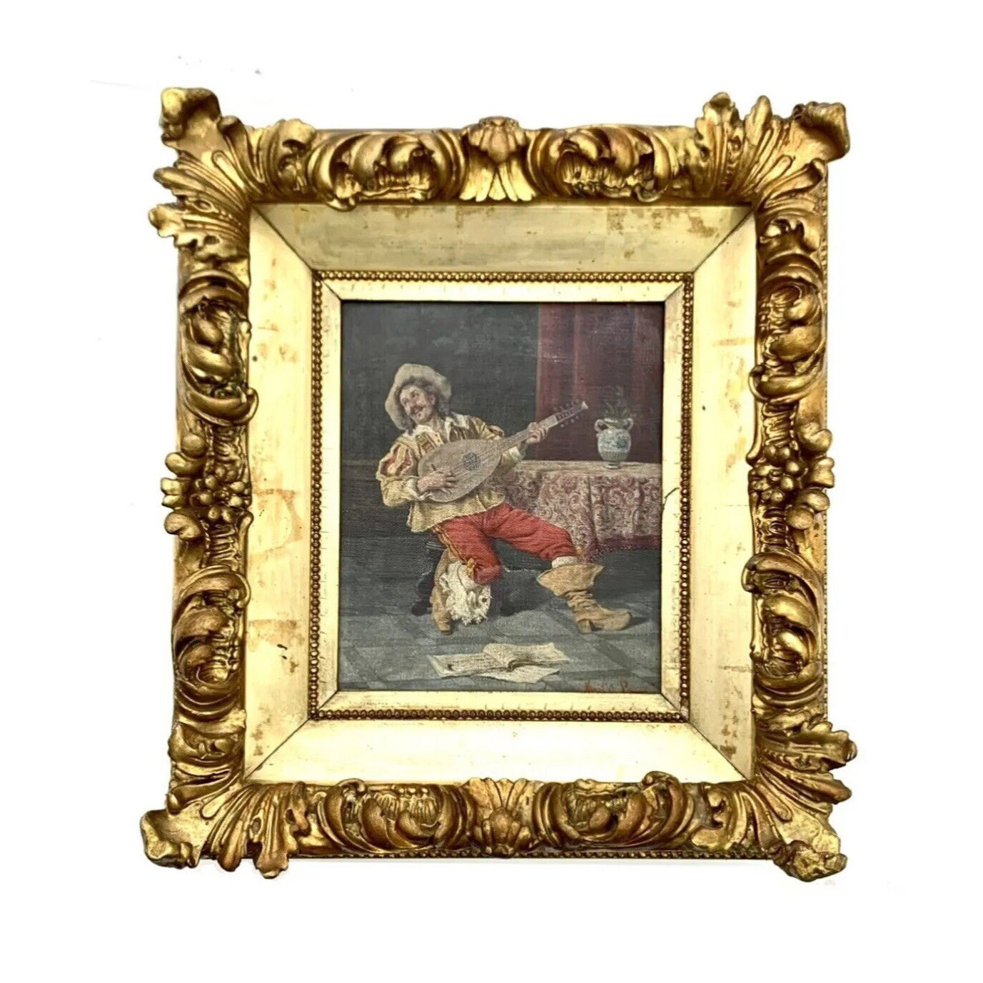 Painting Musician Court Jester With Lute Guitar Old Oil on Canvas ...