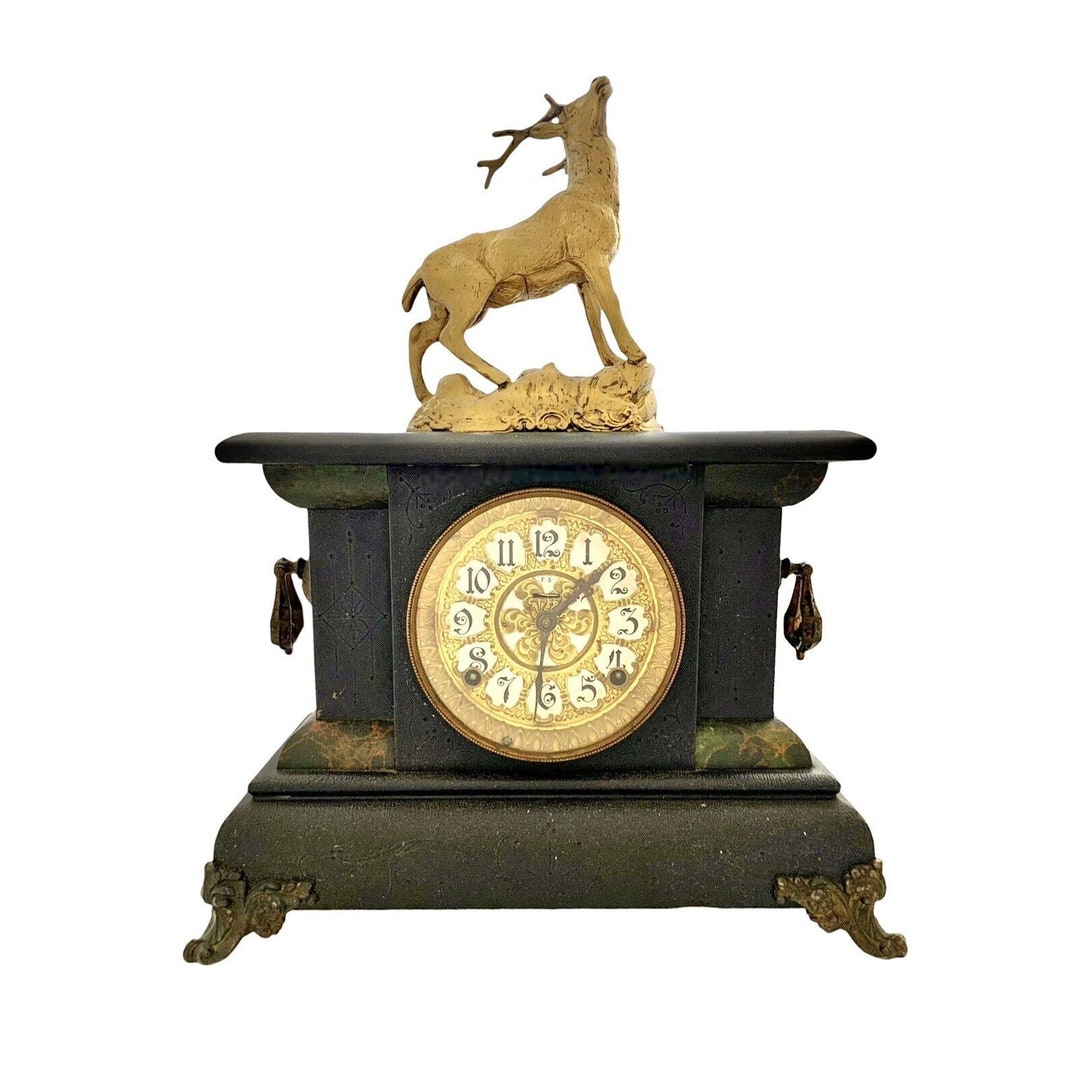 Clock Mechanical Mantle With Deer Stag Figurine on Top Old - Etsy