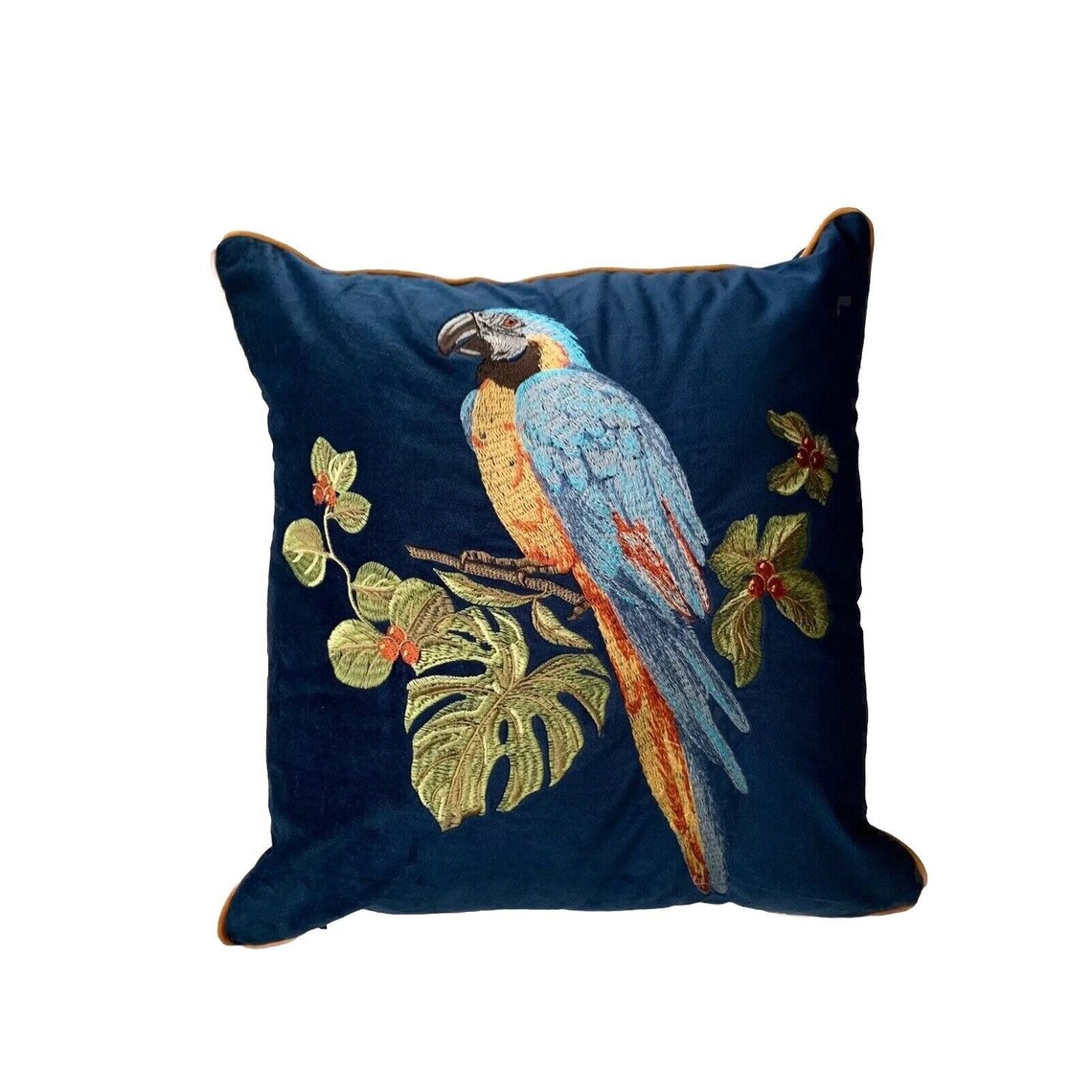 Decorative Bird Pillow Blue Macaw Design Velvet Embroidered for ...