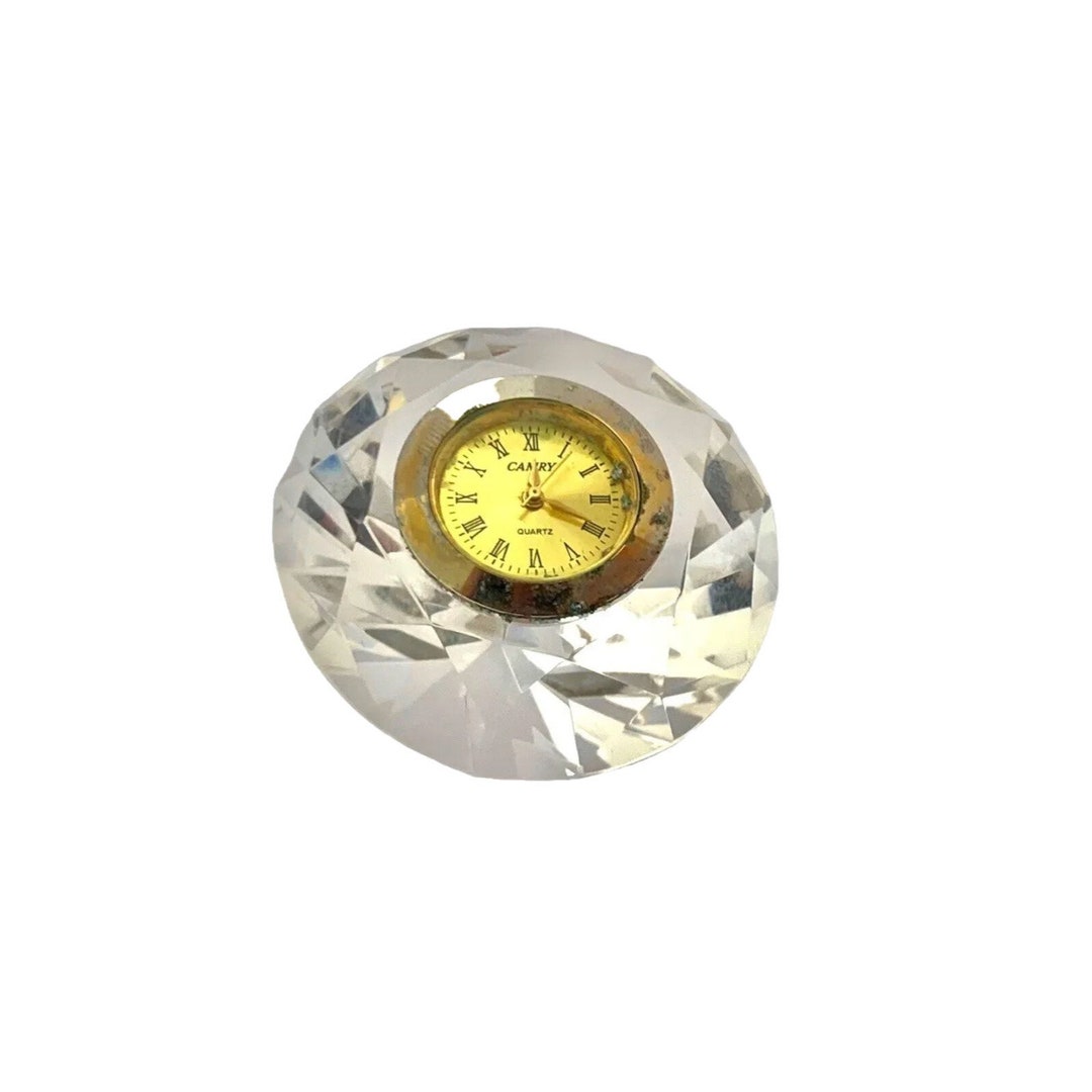 Desk Clock Crystal Cut Glass Paperweight Diamond Shape Vintage Elegant ...