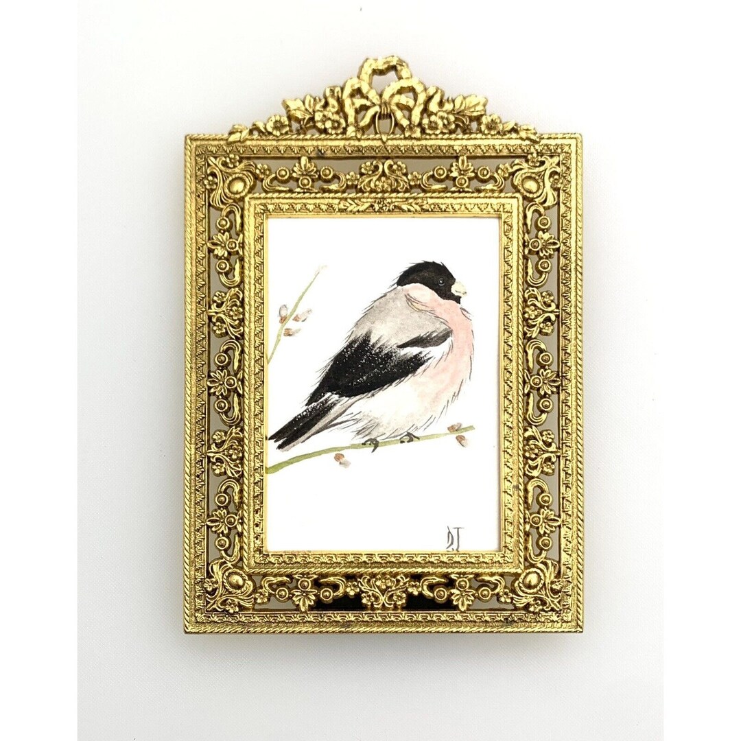 Painting Original Bird Finch Watercolor in Vintage Gold Brass Frame ...
