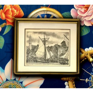 Ship Reach Town Etching Numbered Signed Vintage Print Art Nautical ...