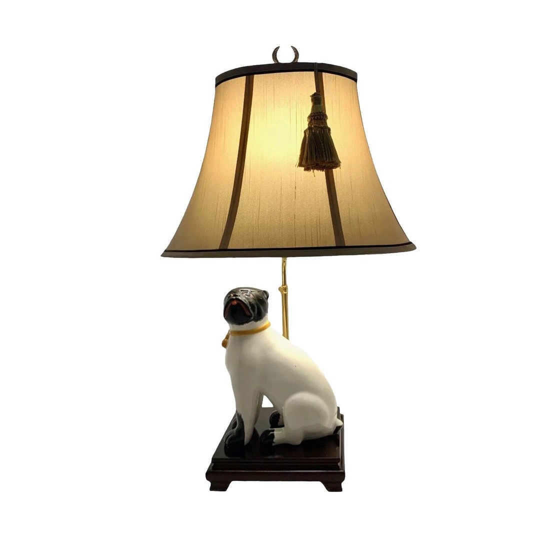 Dog Lamp Vintage Italian Porcelain Pug on Wood Base and Shade (repair ...