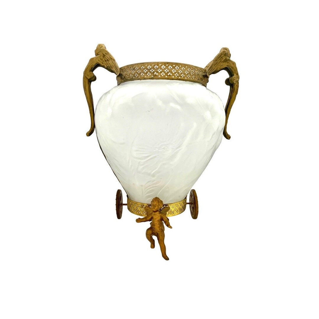 Frosted Glass Vase Ormolu Trim Cherub Handle Chariot Base Vintage Roman ...
