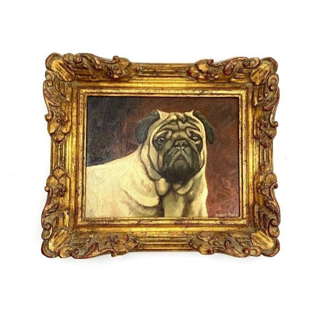 Painting Pug Dog Oil on Canvas in Golden Leaf Frame Vintage Art Decor ...