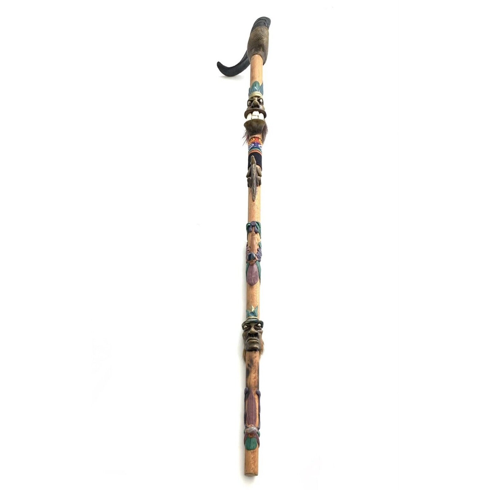 Cane Walking Stick Carved Tiki Detailed Horn Handle Vintage Tribal ...