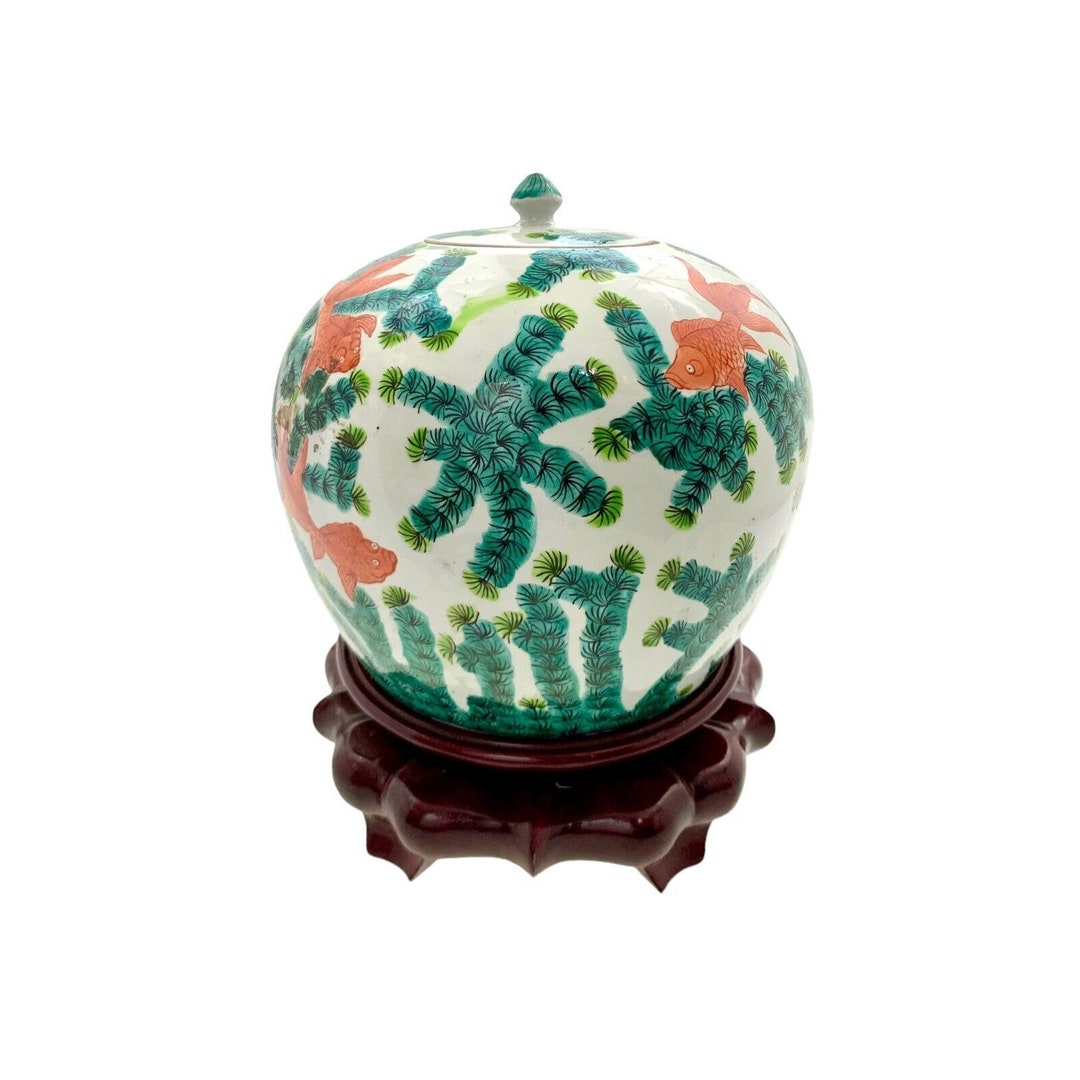 Ginger Jar Goldfish Koi Asian Design Colorful Porcelain Vintage ...