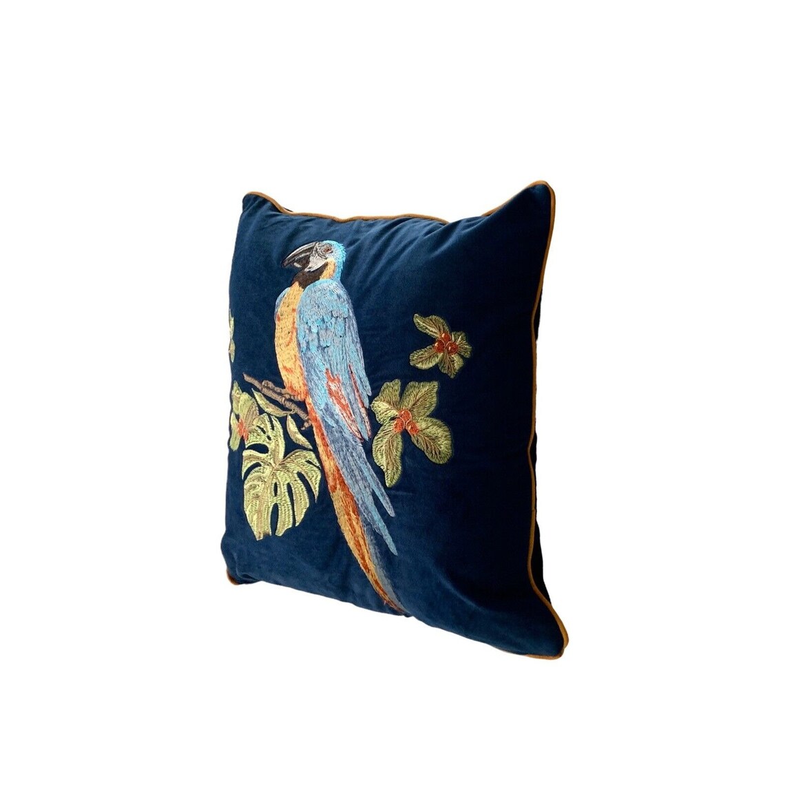 Decorative Bird Pillow Blue Macaw Design Velvet Embroidered for ...