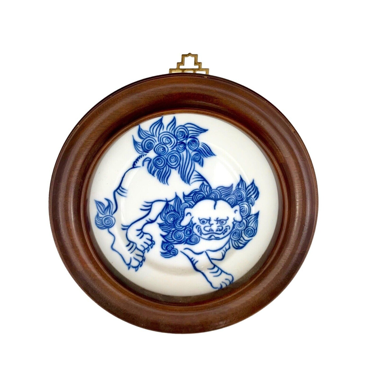 Foo Dog Fitz Floyd Design on Blue and White Plate in Wood Frame Vintage ...