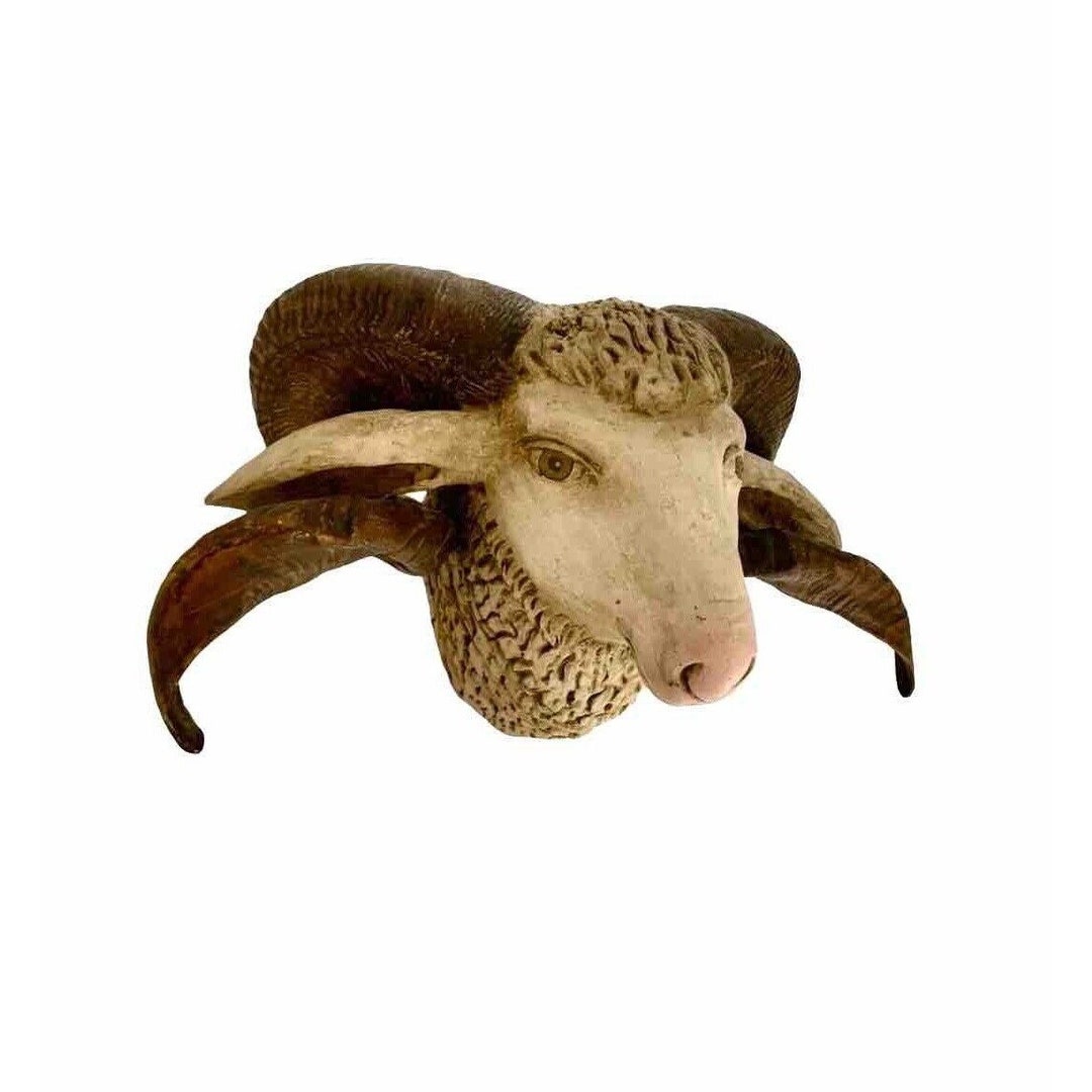 Ram Head Sculpture Curly Horn Sheep Chalk Ware Statue Wall Mount ...
