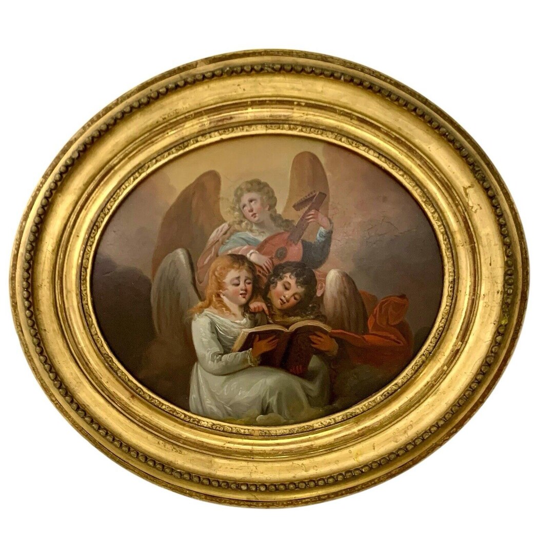 Painting Angel Singing Oil on Board Cherub Chanting in Oval Frame Art ...