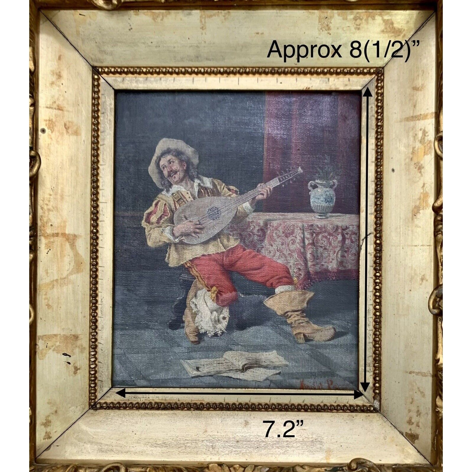 Painting Musician Court Jester With Lute Guitar Old Oil on Canvas ...