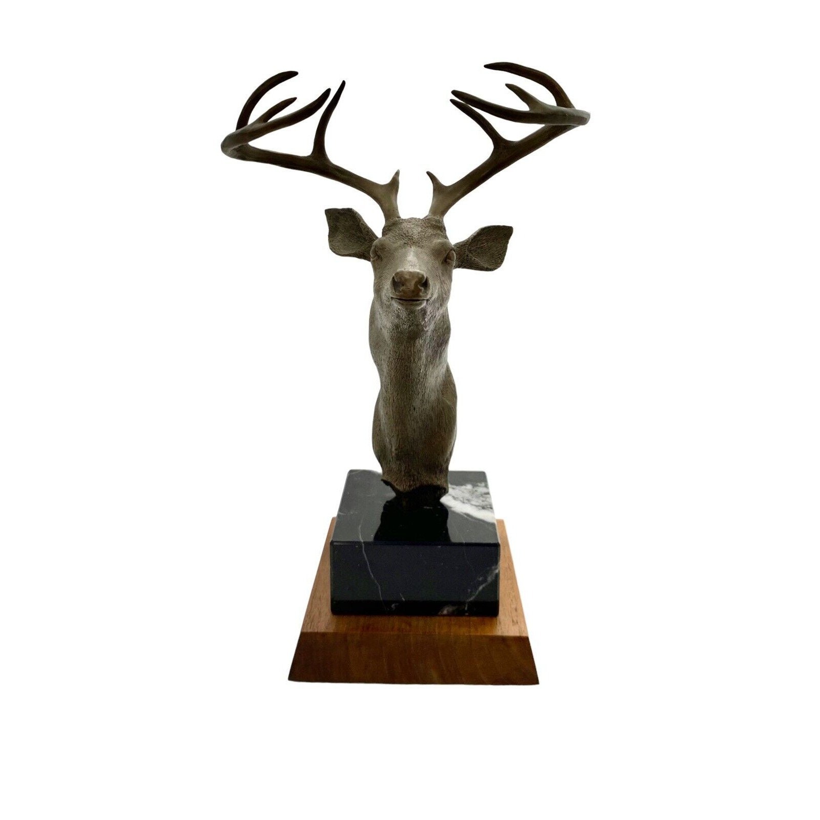 Statue Deer Stag Antler Metal on Marble and Wood Base Vintage Cabin ...